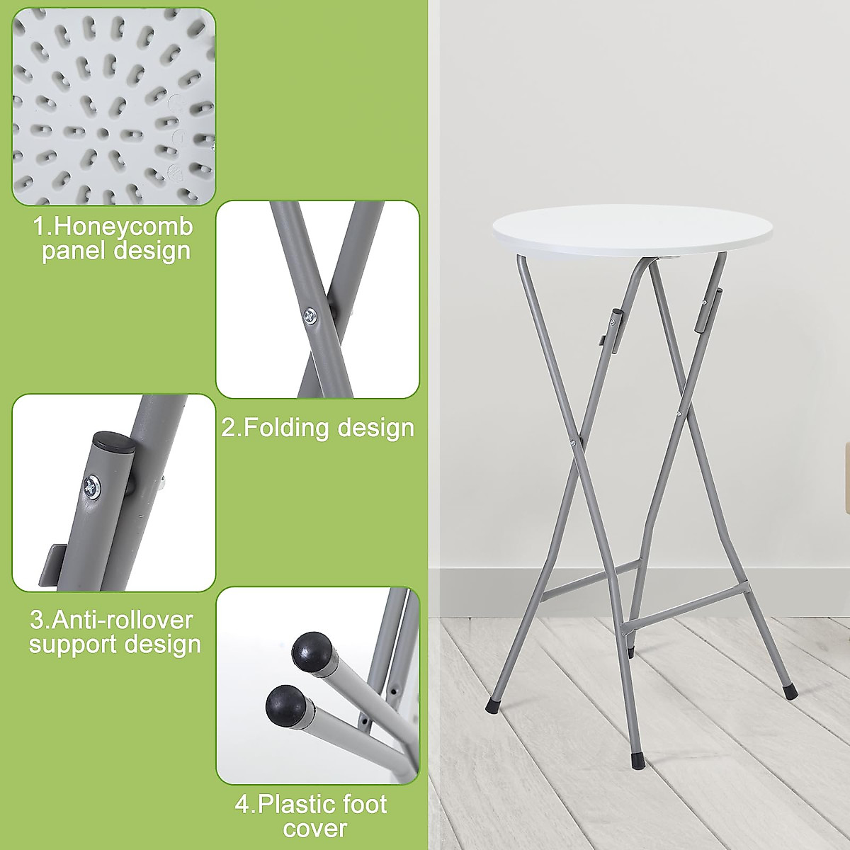 Hoteam 3 Pack Round Folding Table Round Cocktail Tables 23.6 x 44 Inch White High Top Table Portable Pub Bistro Highboy Furniture Table for Party, Backyard, Wedding, Indoor Outdoor Banquet, Events