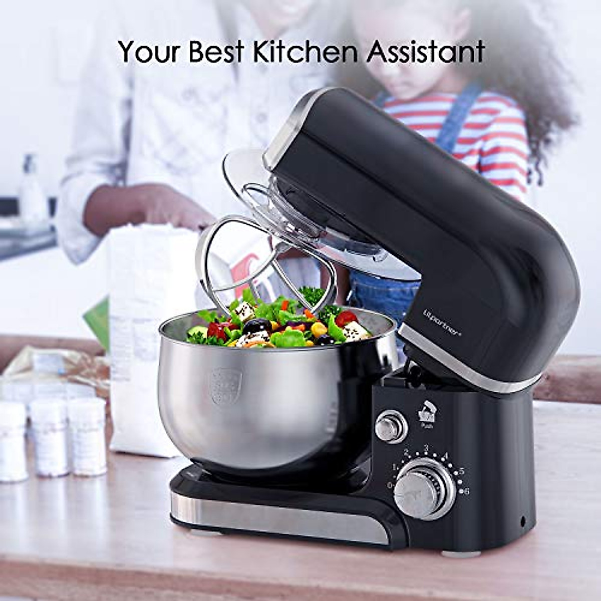 Stand Mixer, 1000W Kitchen Mixer Electric Food Mixer, 6 Speeds with 304 Stainless Steel Bowl Tilt-Head Dough Mixer, Dough Hook, Whisk, Beater, Splash Guard & Scraper