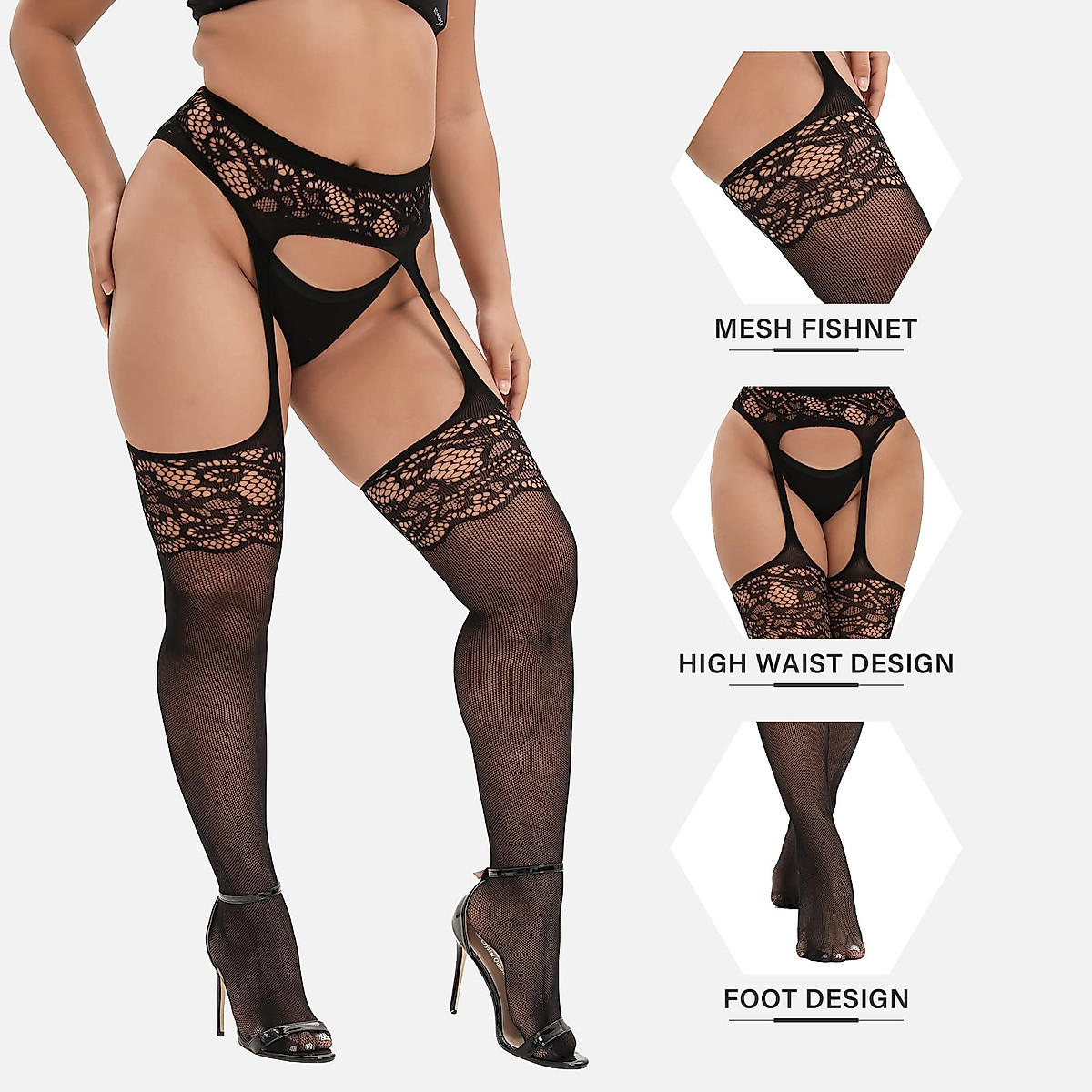 MANZI Plus Size Stockings Thigh High Fishnet Stockings Suspender Patterned Tights for Women Pattern B Floret Pack of 2