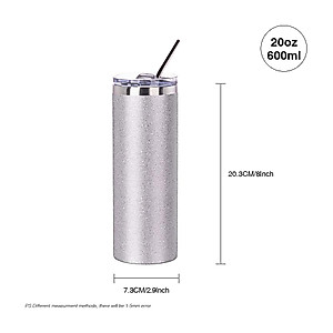 PYD Life Sublimation Blank Glitter Skinny Tumbler Silver 20 OZ Straight Stainless Steel Coffee Cups with Lid and Metal Straw for Tumbler Heat Press Sublimation Oven Printing 4 Pack