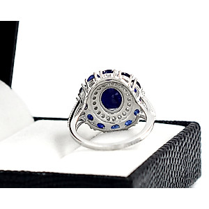 September Birthstone Natural 9X7 MM Oval Cut Blue Sapphire Gemstone 925 Solid Silver Cluster Unisex Proposal Ring Wedding Jewelry For Bridal Gift (Rhodium Plated Silver, 6)