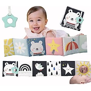 Baby Steps Angel Bear Black White High Contrast Baby Soft Cloth Book Tummy Time Toys,Baby Safe Mirror Teether Early Educational for Infants Toddlers Sensory,0-3 Yrs Newborn Crinkle Book for Babies