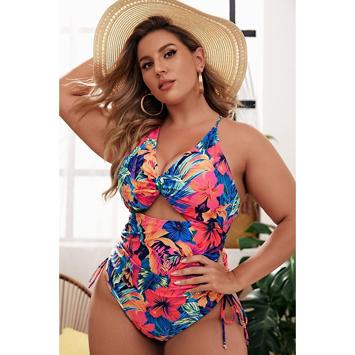 ERASHE Women Plus Size One Piece Swimsuit V Neck Cut Out Sexy Tummy Control Fashion Bathing Suit with Straps (as1, Alpha, x_l, Plus, Regular, Decor)