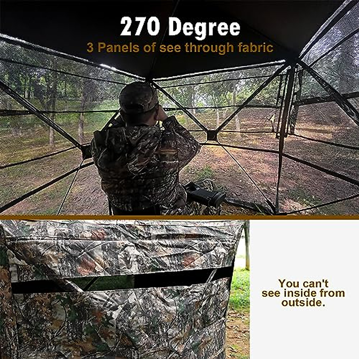 Hunthor Hunting Blind, 270° See Through Hunting Ground Blinds with Silent Zipper and Orange Blind Cap, Portable 2-3 Person Pop Up Hunting Tent for Deer and Turkey Hunting with Carry Bag