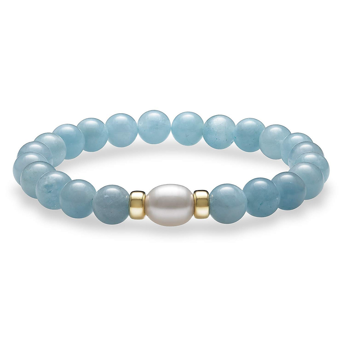 14K Gold Aquamarine and Freshwater Pearl Stretch Bracelet for Women
