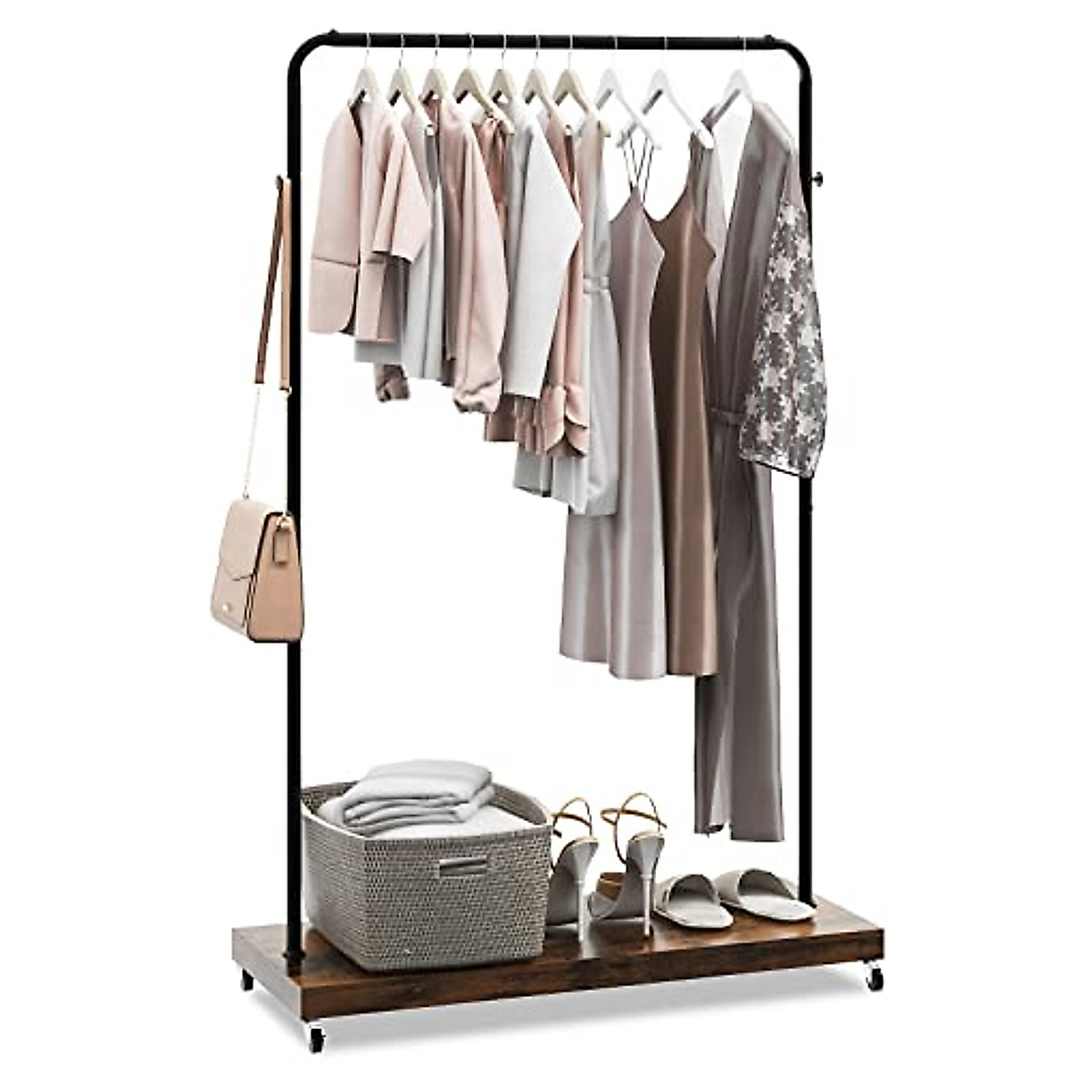 Tangkula Clothes Rack on Wheels, Industrial Pipe Style Rolling Garment Rack with Bottom Storage Shelf & 5 Hanging Hooks, Clothes Organizer with Sturdy Metal Frame for Bedroom Laundry Room