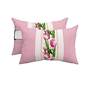 Recliner Head Pillow Ledge Loungers Chair Pillows with Insert Mother's Day Watercolor Tulips Pink Border Lumbar Pillow with Adjustable Strap Outdoor Waterproof Patio Pillows for Beach Pool, 2 PCS