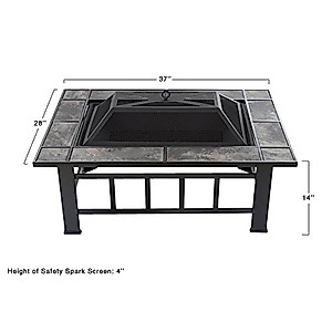 Fire Pit Set, Wood Burning Pit -Includes Screen, Cover and Log Poker- Great for Outdoor and Patio, 37” Marble Tile Rectangular Firepit by Pure Garden