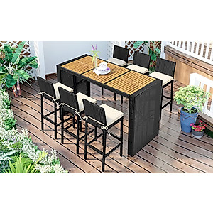 Modern Outdoor Patio Furniture Set, 7-Piece Rattan Dining Set, 6 Chairs with Cushions and PE Wicker Dining Table with Acacia Wood Tabletop, Perfect for Backyard, Garden