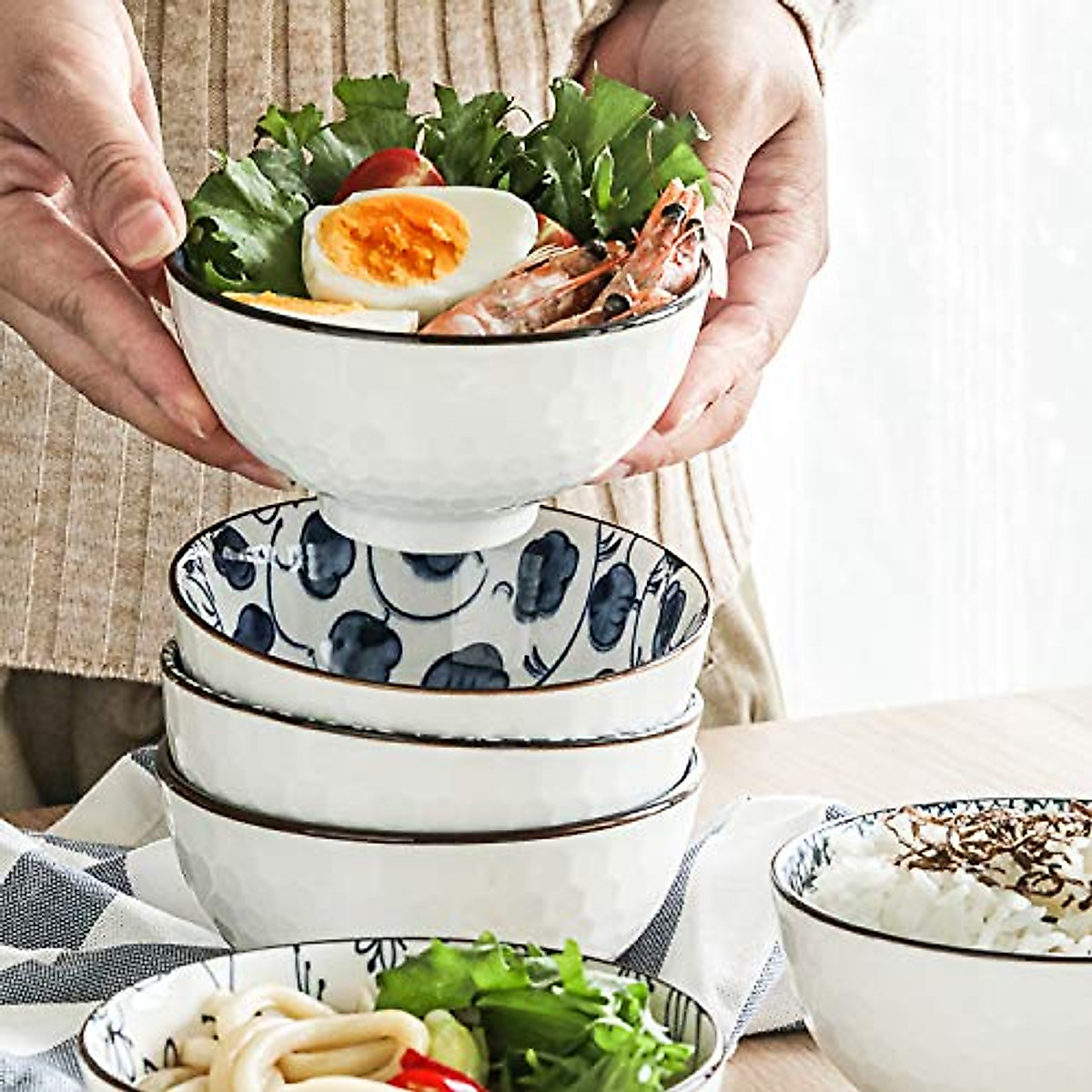 Swuut Japanese Style Ceramic Cereal Bowls,10 Ounces Salad,Soup,Rice Bowl Set,Blue and White (4.5 inch)