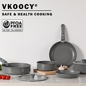 Vkoocy Non Stick Pot and Pan Set with Removable Handle, Ceramic Cookware Set Detachable Handle, Induction Kitchen Camping Stackable Pots Pans, Dishwasher/Oven Safe, Grey