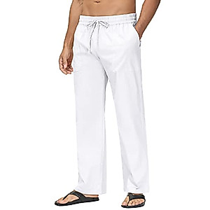 Boisouey Mens Linen Loose Pant Lightweight Elastic Waist Trouser Yoga Beach Pant White L