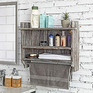 MyGift Torched Wood Wall Mounted 3 Tier Bathroom Shelf Storage Display Rack with 23-Inch Towel Bar