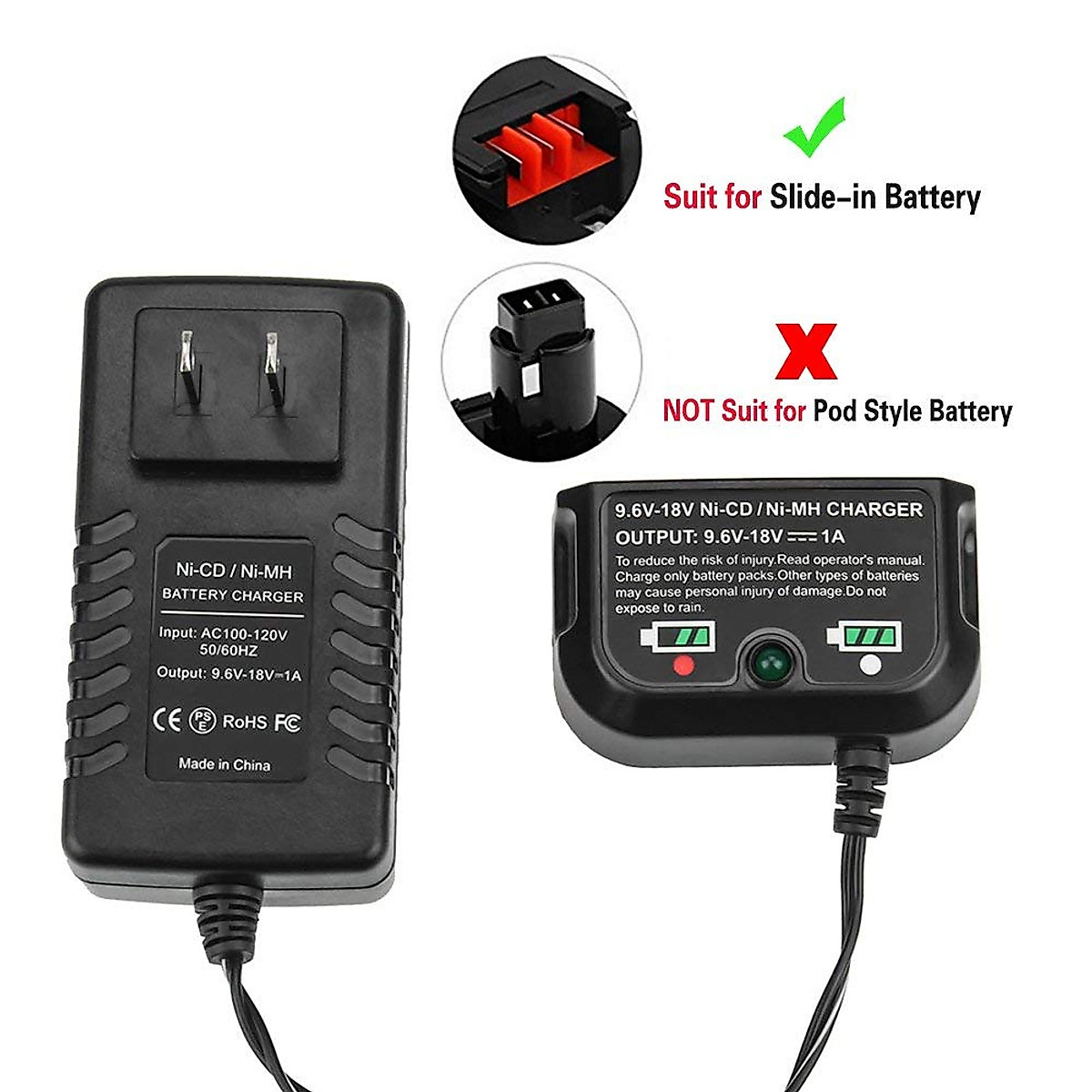 Replacement for Black and Decker 9.6V-18V Battery Charger: 90571729, 90556254-01, 90592360-01 Compatible with Black and Decker 18V 14.4V 12V 9.6V NiCad & NiMh Battery