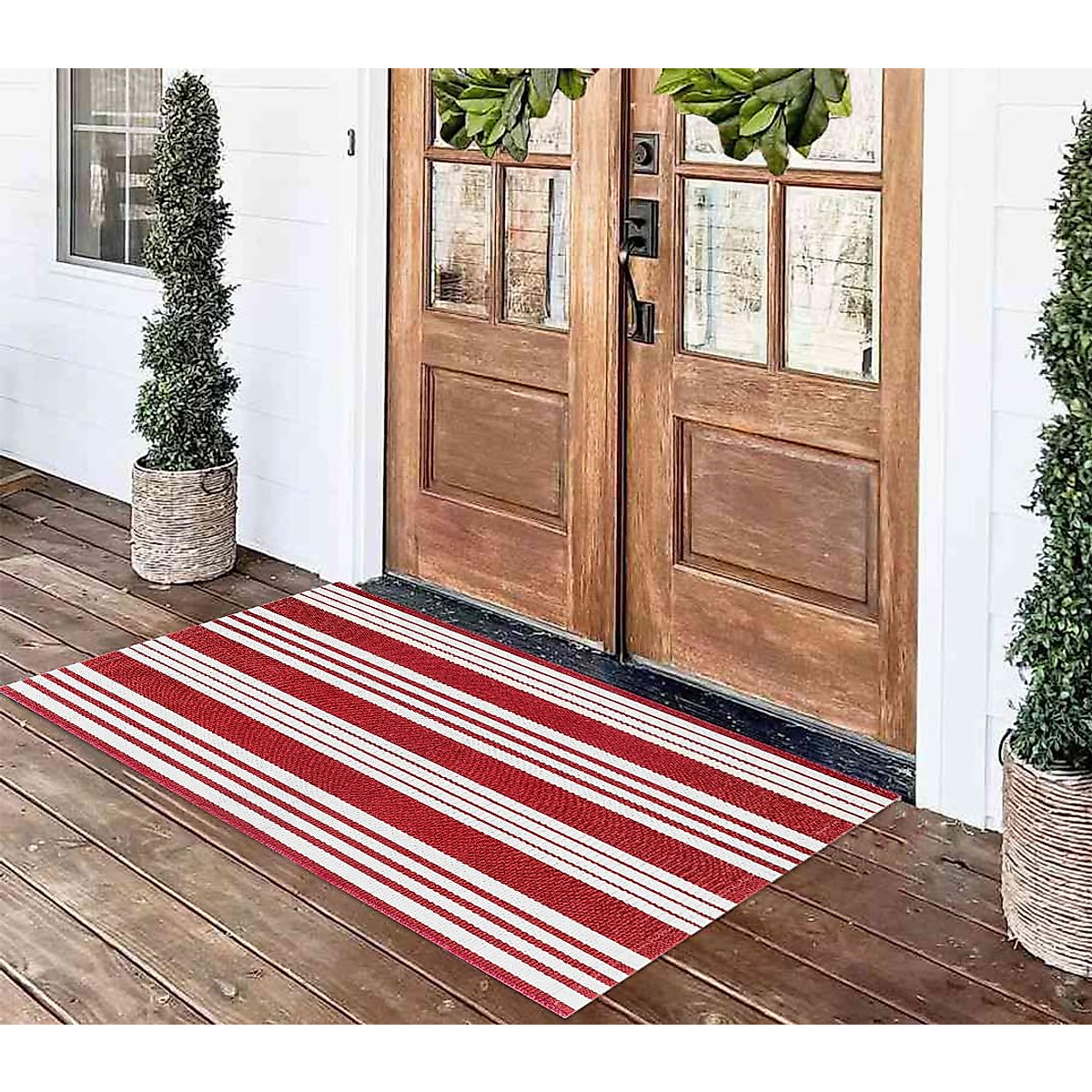 Striped Outdoor Rug for Porch 24"x51" Red and White Front Porch Rug Layered Doormat Cotton Woven Washable Throw Carpet for Hallway/Front Steps/Bathroom/Kitchen/Home Entrance