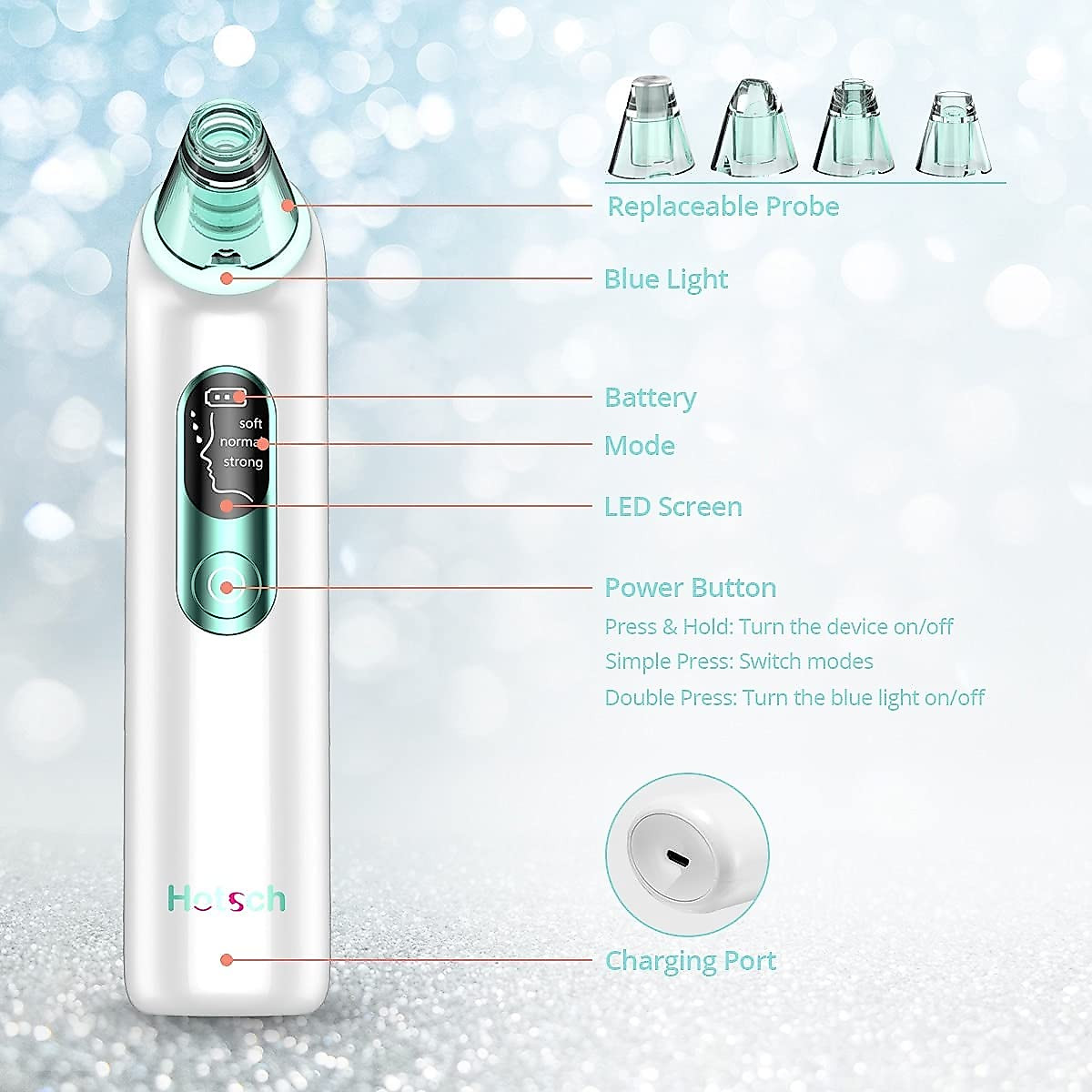Blackhead Remover Pore Vacuum - Hotsch Blackhead Removal Tool, Pore Cleaner Electric Acne Extractor Kit, LED Display USB Rechargeable with Upgraded Blue Light 4 Replaceable Suction Probes
