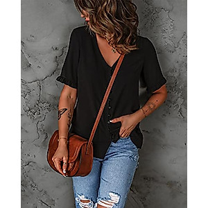 luvamia Women's V Neck Button Down Shirts Ruffle Short Sleeve Blouses Cute Summer Tops Black Size Large Size 12 Size 14