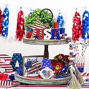 Yulejo 11 Pieces 4th of July Tiered Tray Decor with LED Lights Patriotic Wooden Signs God Bless America USA Gnome American Flag Star Independence Day Farmhouse Rustic Red White Blue Sign for Home
