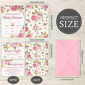 Marspark Set of 25 Pink Floral Baby Shower Invitations, Diaper Raffle Tickets and Baby Shower Invitation Cards with Envelope, Baby Shower Party Supplies for Sweet Girl