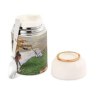 CUPADA Funny Cat Shepherd Food Jar, 3d White Horse Insulated Hot Food Jars Vacuum 17OZ with Folding Spoon for Work Trip Picnic Camping