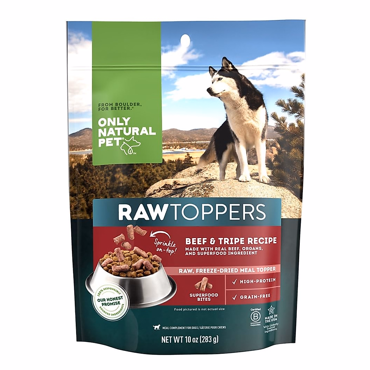 Only Natural Pet Raw Toppers - Freeze Dried Meal Topper, High Protein and Grain Free, Whole Food Nutrition for Dogs, Grass-Fed Beef & Tripe Recipe Flavored - 10 Ounce Bag