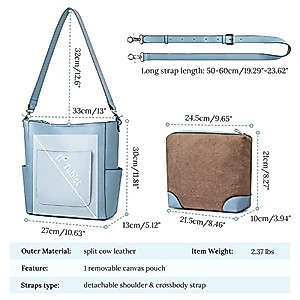 S-ZONE Genuine Leather Handbags Purses for Women with Inner Pouch Bucket Bags Crossbody Hobo Work Travel Blue