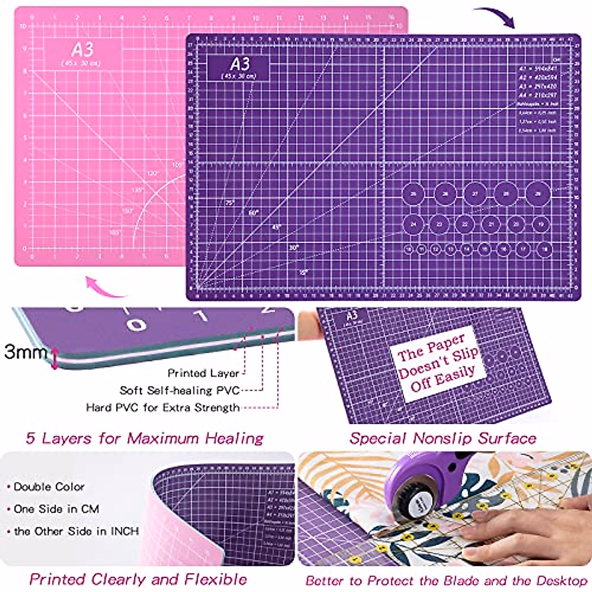 Nicecho Rotary Cutter Set,Sewing Quilting Supplies,45mm Fabric Cutters,A3 Cutting Mat for Sewing,Acrylic Rulers,Scissors,Exacto Knife,Clips,Beginners Sewing Accessories,Fabric Cutter Kit