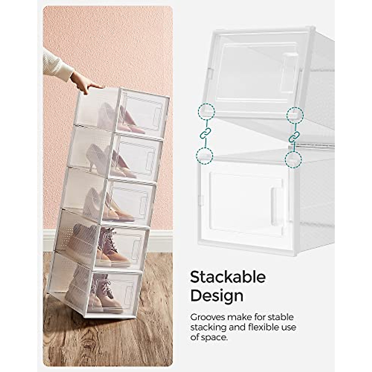 SONGMICS Shoe Boxes, Pack of 12 Shoe Storage Organizers, Stackable Clear Plastic Boxes for Closet, Sneakers, 9.9 x 13.7 x 7.4 Inches, Fit up to US Size 13, Transparent and White ULSP12MWT
