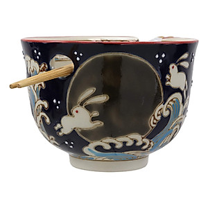 Ebros Gift Rabbits Jumping Over The Full Moon Ramen Udong Noodles 5" Diameter Bowl With Built In Chopsticks Rest and Bamboo Chopstick Set for Dining Soup Rice Meal Bowls Decor Kitchen