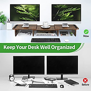 Zimilar Dual Monitor Stand Riser, Monitor Stand with Adjustable Length and Angle, Wood Monitor stand for desk, Monitor Riser for 2 monitors with Storage Space (Rust Brown Large)