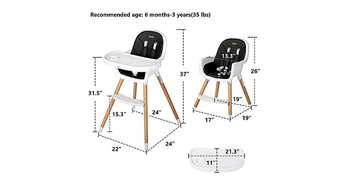 Kinder King 3 in 1 Convertible High Chair for Toddlers