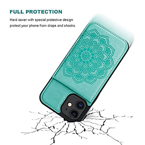 Vaburs Compatible with iPhone 12 and iPhone 12 Pro Case with Wallet Card Holder,Embossed Mandala Pattern Flower PU Leather 4 Card Slots Kickstand Shockproof Flip Cover 6.1 Inch(Green)