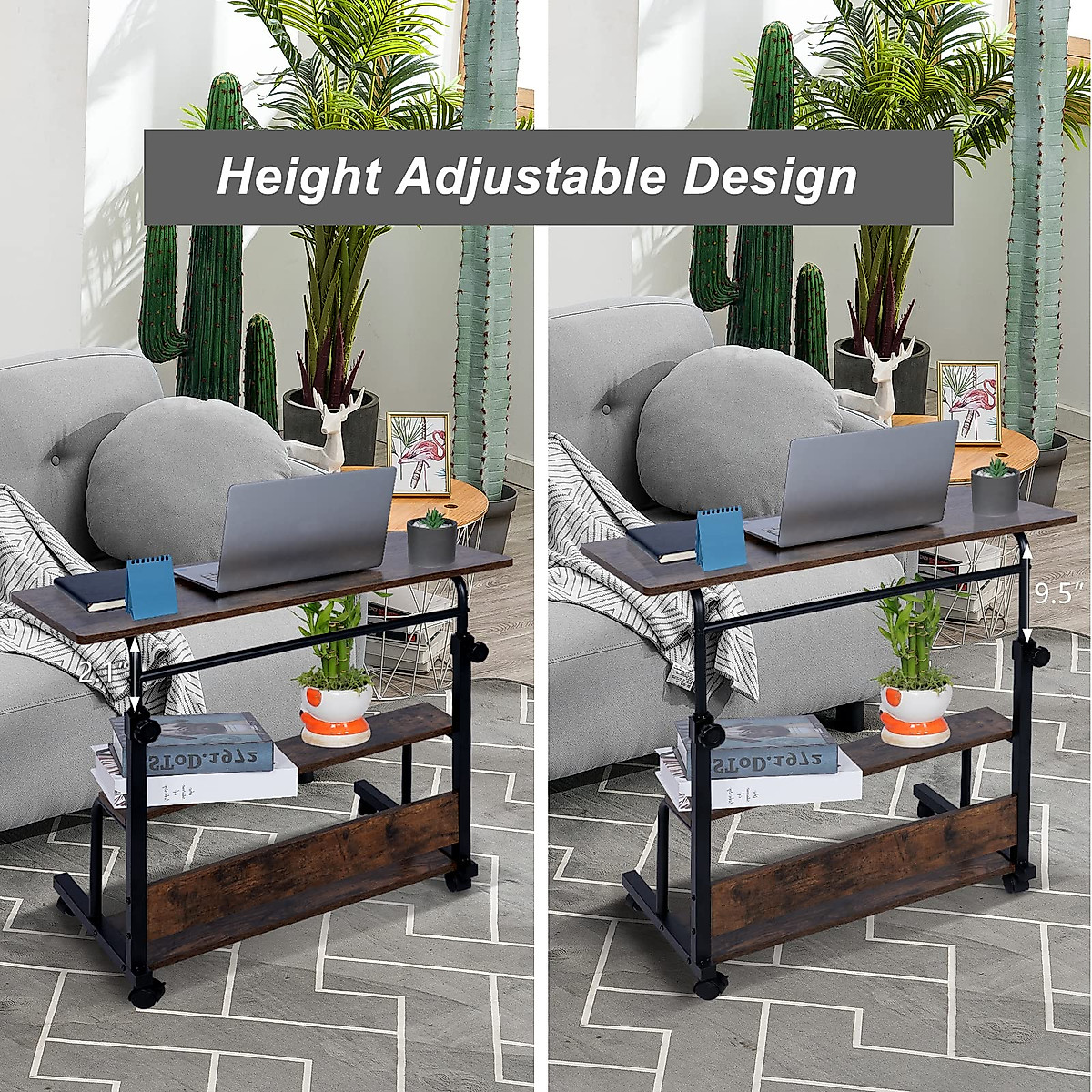 Portable Desk Small Desks for Small Spaces Laptop Table Rustic Rolling Adjustable Desk on Wheels Mobile Couch Desk for Bedroom Home Office Computer Standing Desk Student Desk with Storage 32x16 Inch