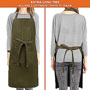 opux Chef Apron for Men, Kitchen Apron with Pockets for Women, Large Unisex Canvas Apron for Cooking Grilling BBQ Baking, Heavy Duty Apron for Work, Olive Green