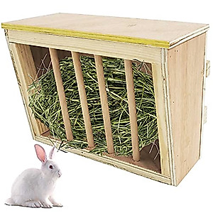 kathson Rabbit Hay Feeder Rack Wooden Food Feeding Manger Bunny Grass Holder Small Animals Less Wasted Food Dispenser for Rabbits Guinea Pig Chinchilla Hamster
