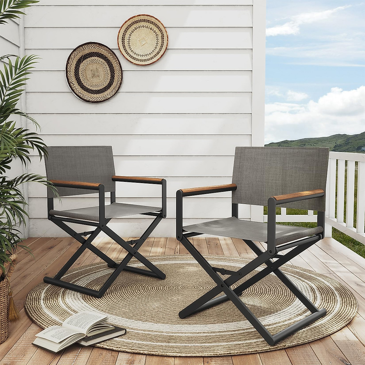 Grand patio Extra-Wide 2-Pack Directors Chairs, Folding Dining Chair Set of 2 with Sling, Woodgrain Armrests, Outdoor, Black