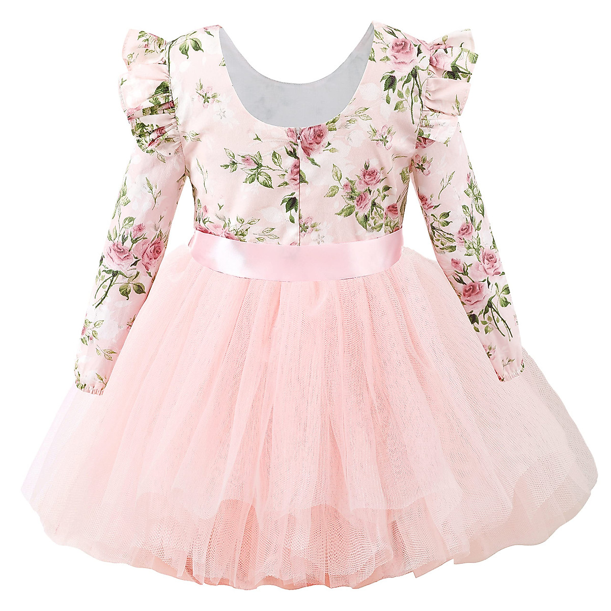 Flofallzique Toddler Tulle Dress Long Sleeves Vintage Floral Little Girls Tea Party Dresses (Peach, 1 Year)