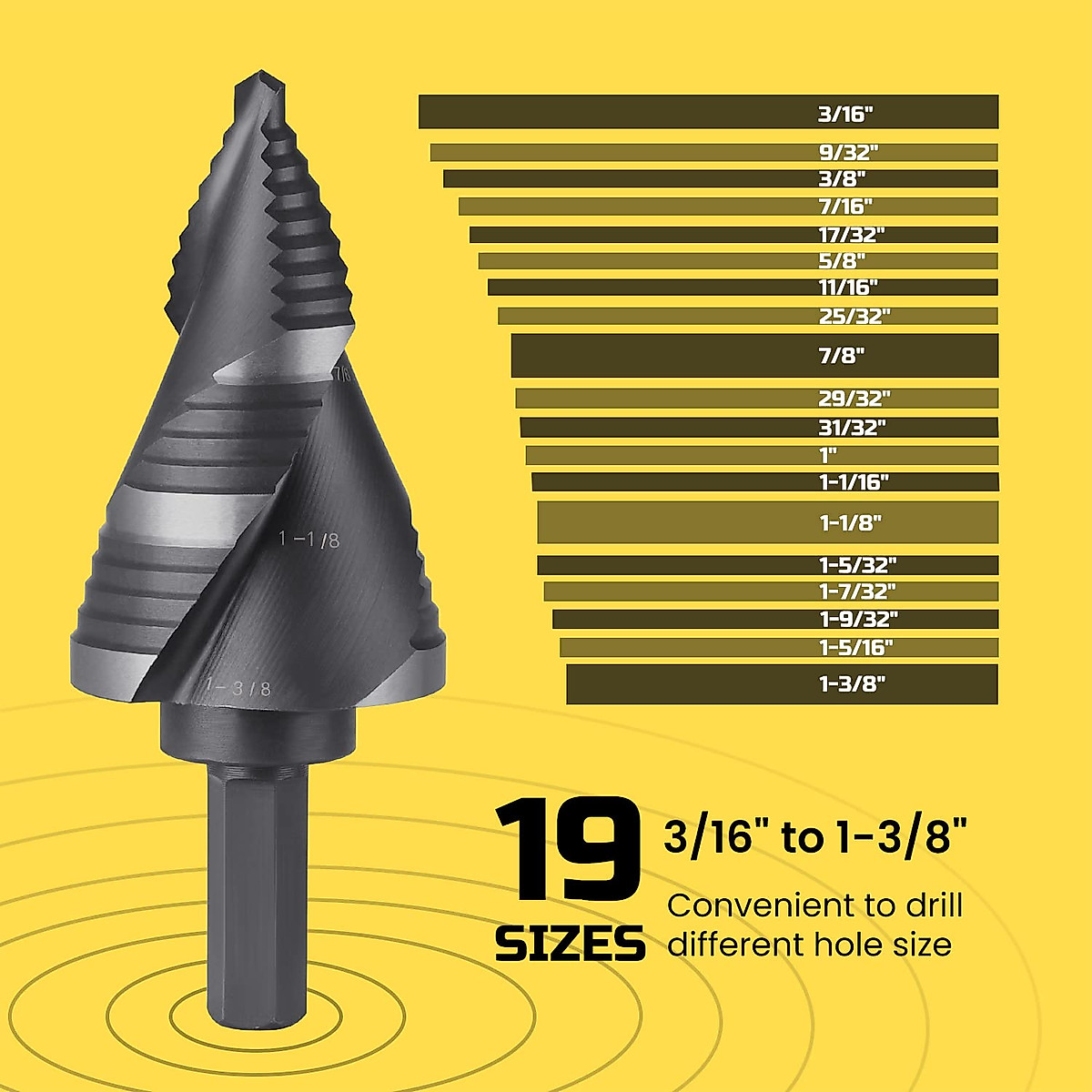 Lichamp Unibit Step Drill Bit for Metal, Genuine M2 Drill Stepper Bit for Hard Metal Heavy Duty, 19 Sizes from 3/16" to 1-3/8", Spiral Grooved with Hex Drive, C1BK