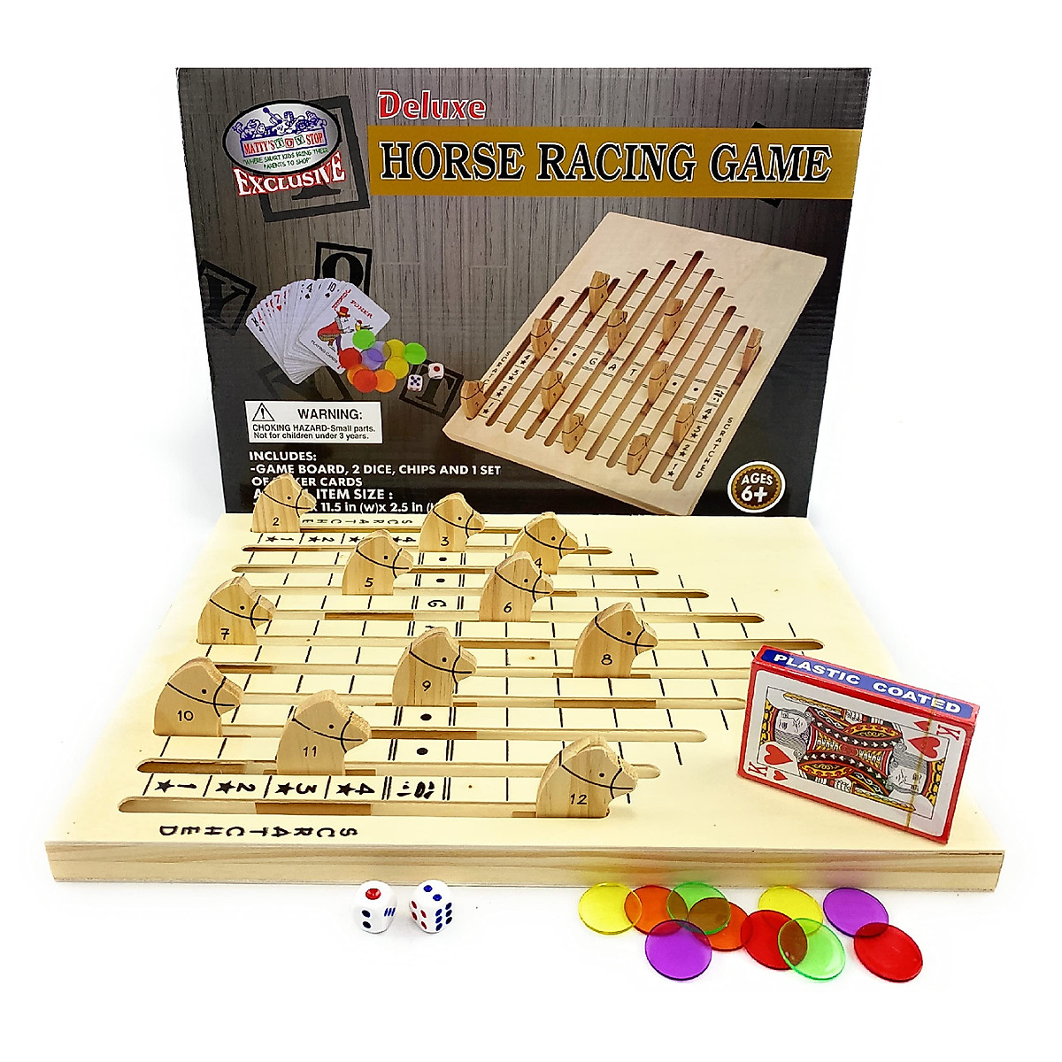 Matty's Toy Stop Deluxe Wooden Horse Racing Derby Game with Dice, Playing Cards & Chips