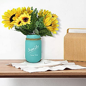FADALO ART Mason Jar Decor Fake Flower Sunflowers Centerpieces for Dining Room Table Decorations for Living Room Rustic Farmhouse Decor Coffee Table Decor, Teal Blue#01