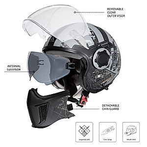 TRIANGLE Full Face Motorcycle Helmets,Off-Road Motocross Helmet for Men & Women,Dual Visor with Internal Tinted Sunshield,Open Face 3/4 Adult Racing Helmet DOT Approved(XXL)