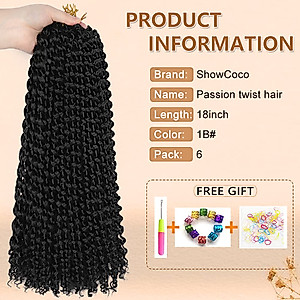 Passion Twist Hair 18 Inch Water Wave Crochet Hair 6 Packs Passion Twists Crochet Hair Long Braiding Hair Bohemian Synthetic Hair Extensions(18inch, #1B)