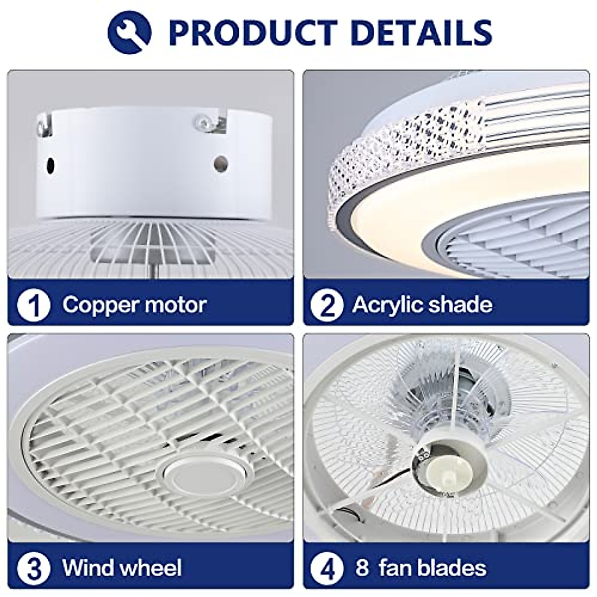 MADSHNE 20" Modern Low Profile Ceiling Fans with Lights and Remote, Flush Mount Bladeless Ceiling Fans with Dimmable LED, Small White Enclosed Bedroom Ceiling Fans