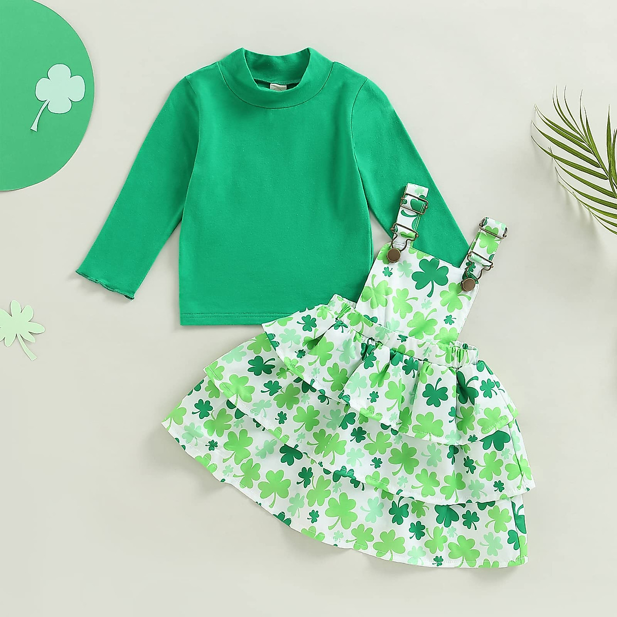 Bowanadacles Kid Toddler Baby Girl St. Patrick 's Day Outfit Long Sleeve High Collar Top Shirt Suspender Cake Skirt Clothes (Green, 18-24 Months)
