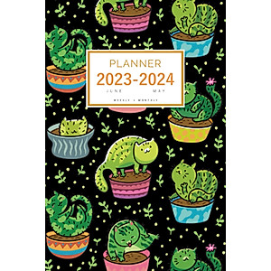 Planner 2023-2024: 6x9 Weekly and Monthly Organizer from June 2023 to May 2024 | Cute Flowerpot Cat Cactus Design Black