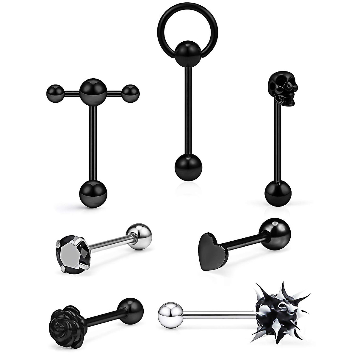 Prjndjw 14G Tongue Rings Skull Tongue Rings Flower/Door Knocker/Silicone Soft Spike Ball/Heart/Cubic Zircon/Double Barbell Wiht Slave Tongue Rings for Women men Body Piercing Jewelry