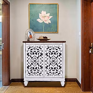Sophia & William Accent Cabinet with 2 Doors, Distressed Storage Cabinet with Wood Frame and Hollow-Carved Door for Entryway Living Room, White
