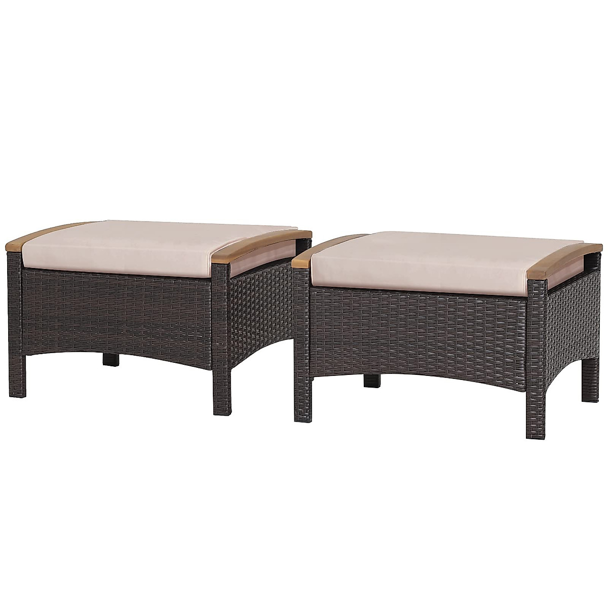 RELAX4LIFE Outdoor Wicker Ottomans for Patio - 2 Pieces PE Rattan Ottoman, Footrest Seat with Zippered Cushions, Acacia Wood Handles, 3-in-1 Footstool, Side Table for Poolside, Backyard (Brown)