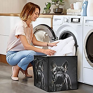 ALAZA Collapsible Storage Basket - Black French Bulldog Rotary Folding Storage Basket Container Organizer Bags - Large Clothes Hamper Tote with Carry Handles(229ya1e)
