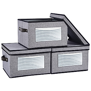 YheenLf 3 Sets China Storage Containers With Lid and Handles, Dinnerware Storage Box for Dishes Plate Storage Containers with 30 Felt Dividers, Hold 30 Plates, 12 x 12 x 8 inches, Grey